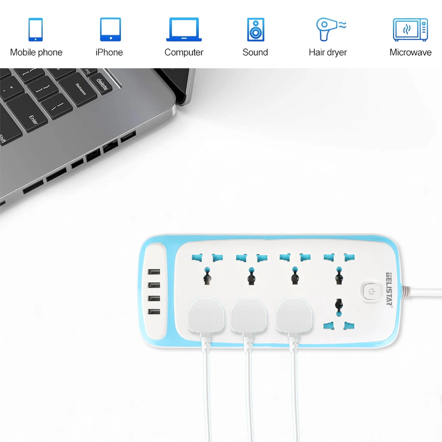Universal Standard Extension Power Socket With 4 Usb Ports 8 Outlets ...