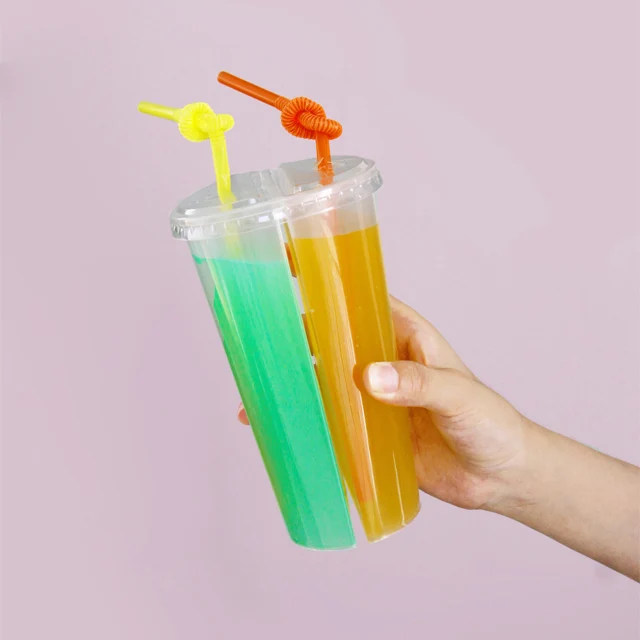 Customized Disposable Clear Plastic Double Shared Split Juice Cup Cold ...