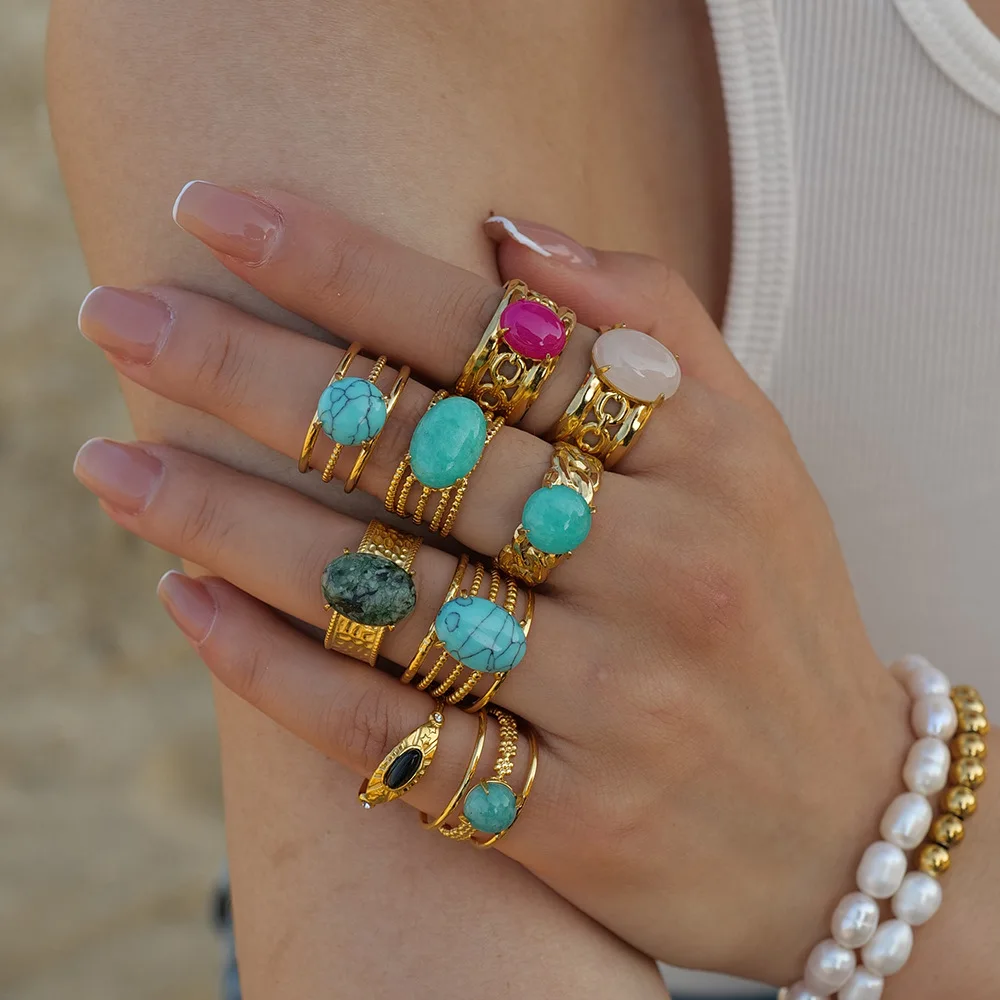 INS Rings PVD 18K Gold Plated Stainless Steel Natural Blue Stone Open ...