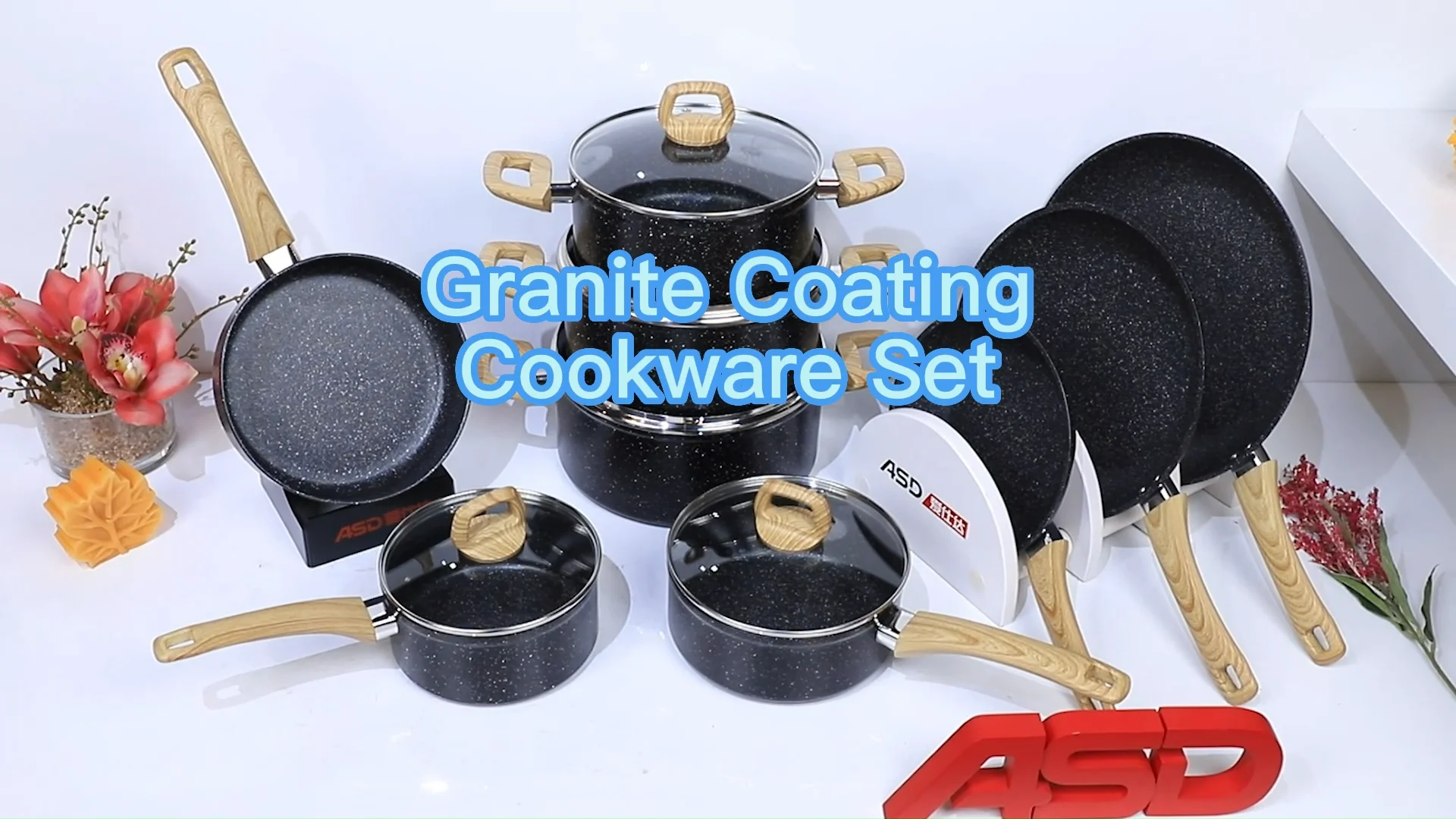 Marble Coated Pot Aluminum Wooden Handle Double Granite Coated Cookware ...