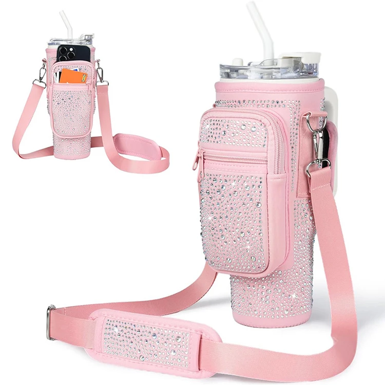 Zipper Pouch Neoprene 40oz Bling Rhinestone Tumbler Cup Crossbody Sling ...