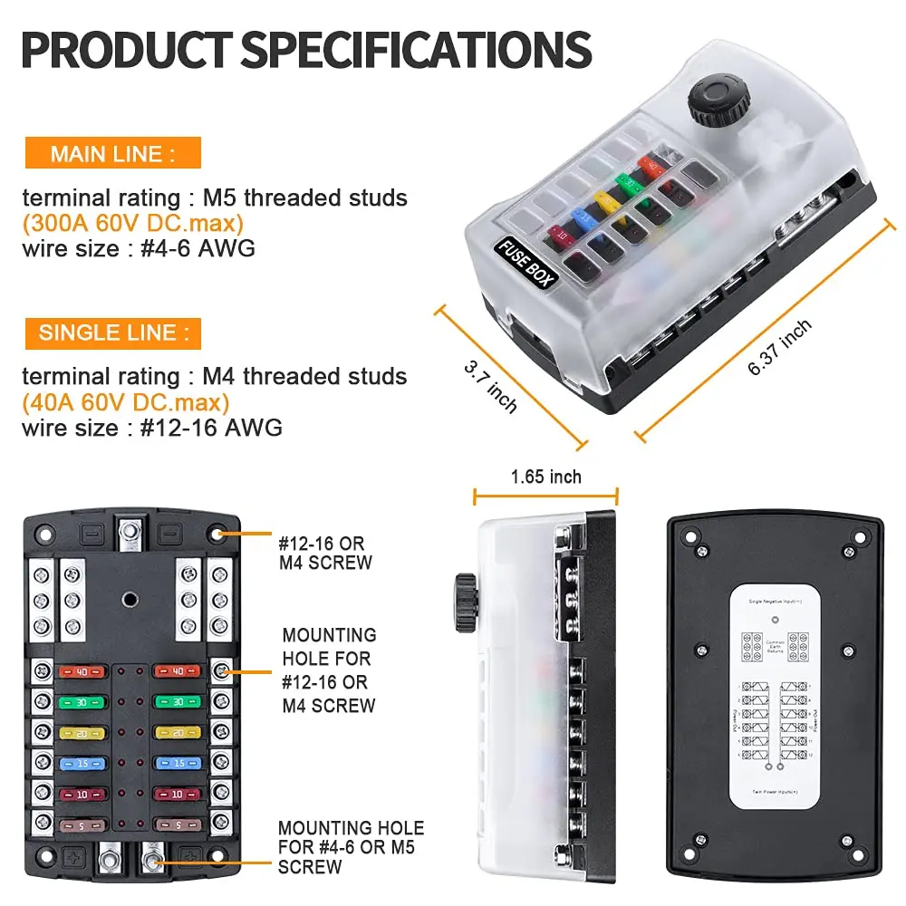 12v/24v 12 Way Automotive Fuse Block With Led Indicator & Negative Bus ...