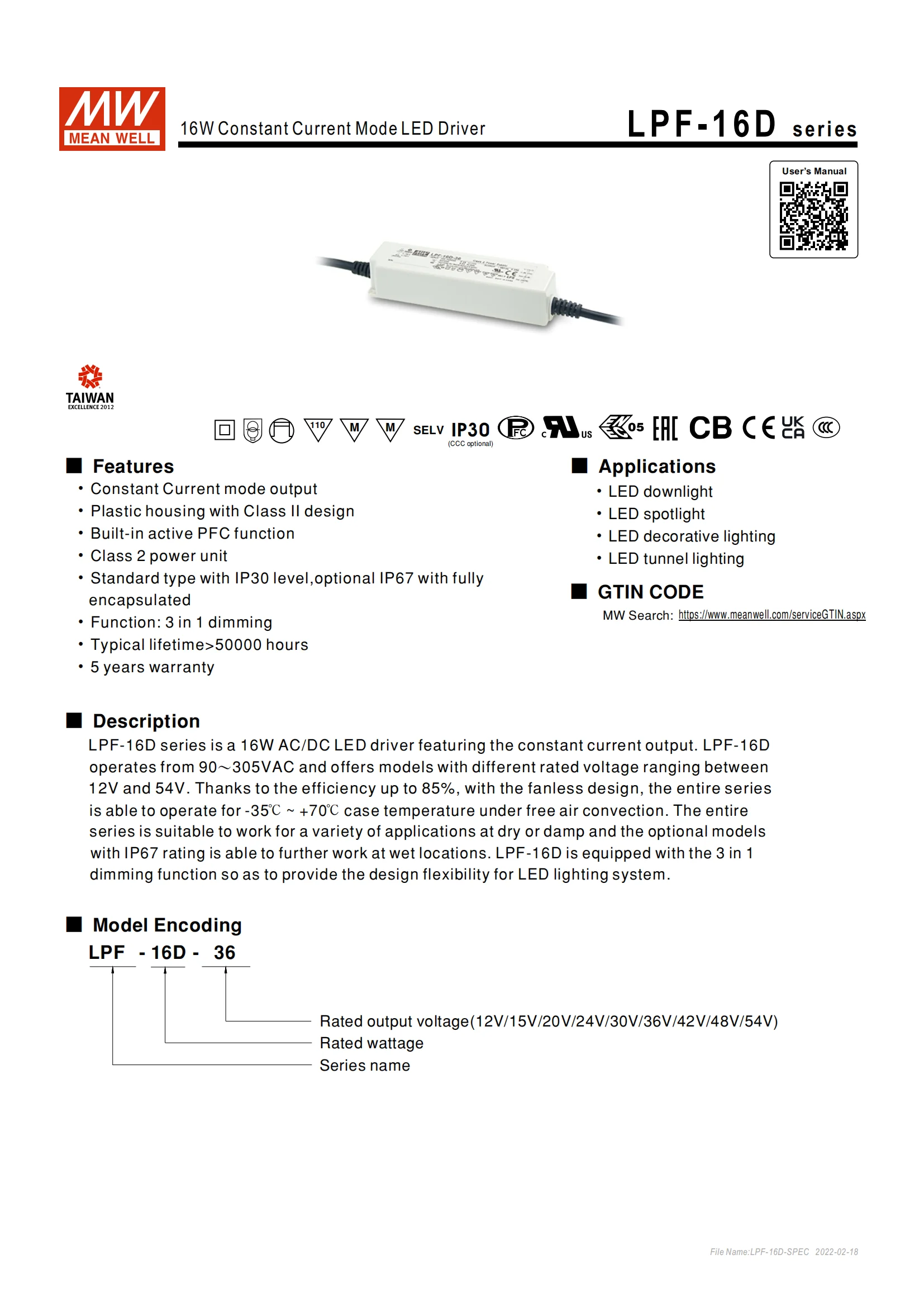 MEANWELL LPF-90-24 90W 24V LED Driver - Waterproof & Efficient