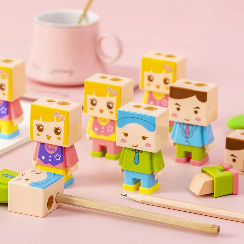 Cartoon school boys girls shape kids 2 holes pencil sharpener with ...