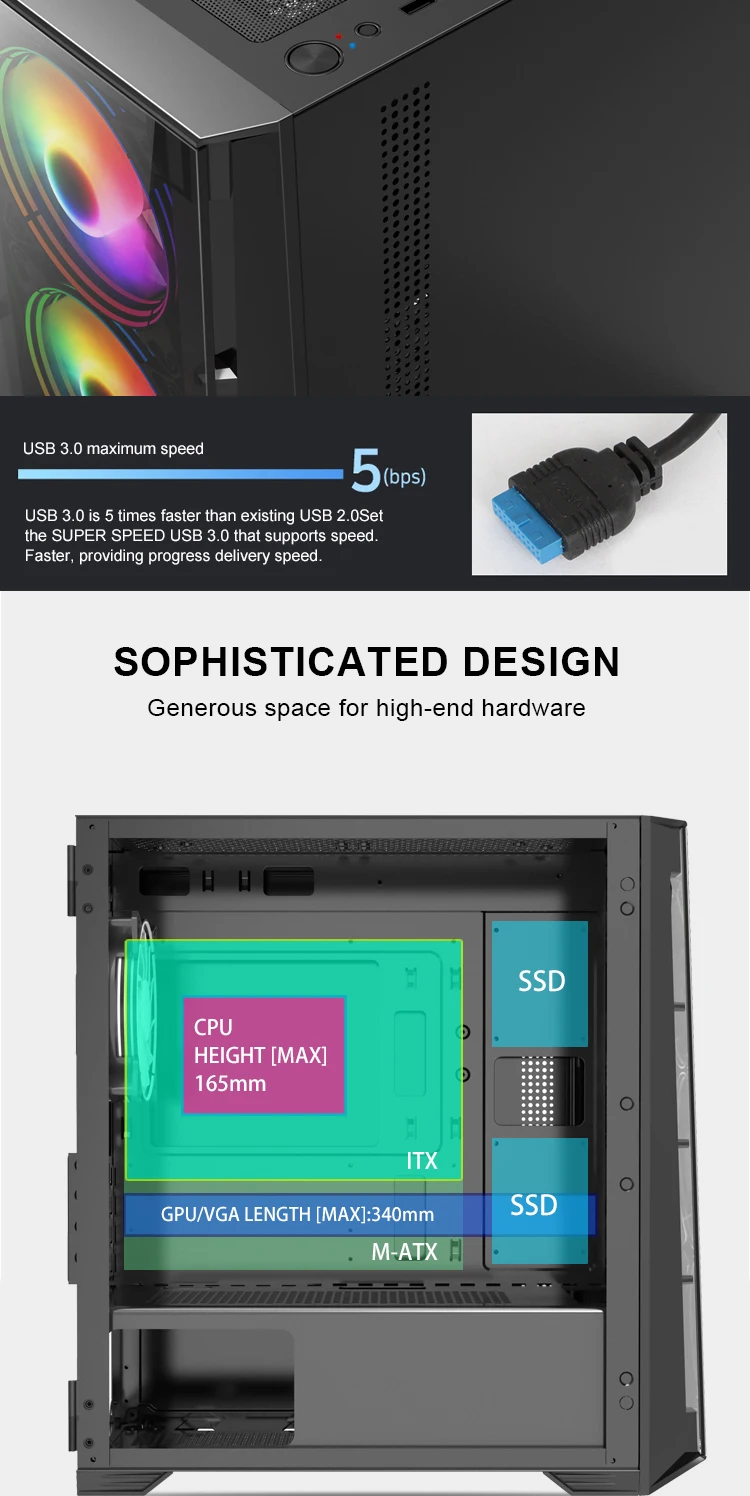 Gaming PC Case with RGB - High Quality Mid Tower Cabinet