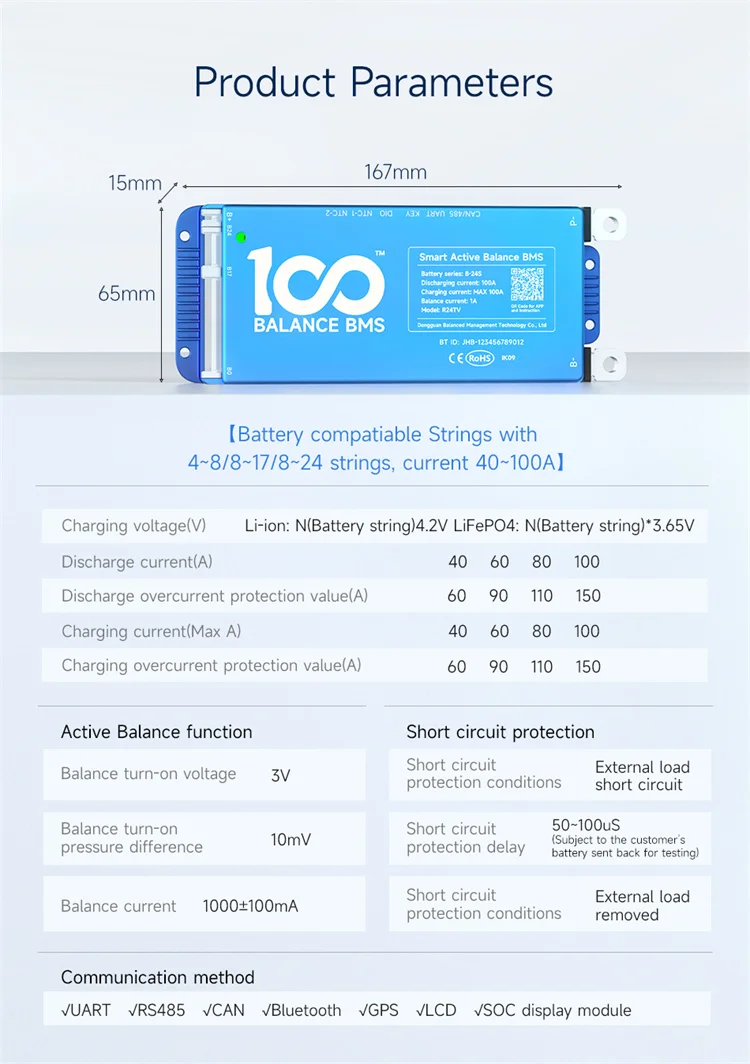 LFP Smart BMS with Built-in 1A Active Balancer Electric Vehicle E-Bike ...
