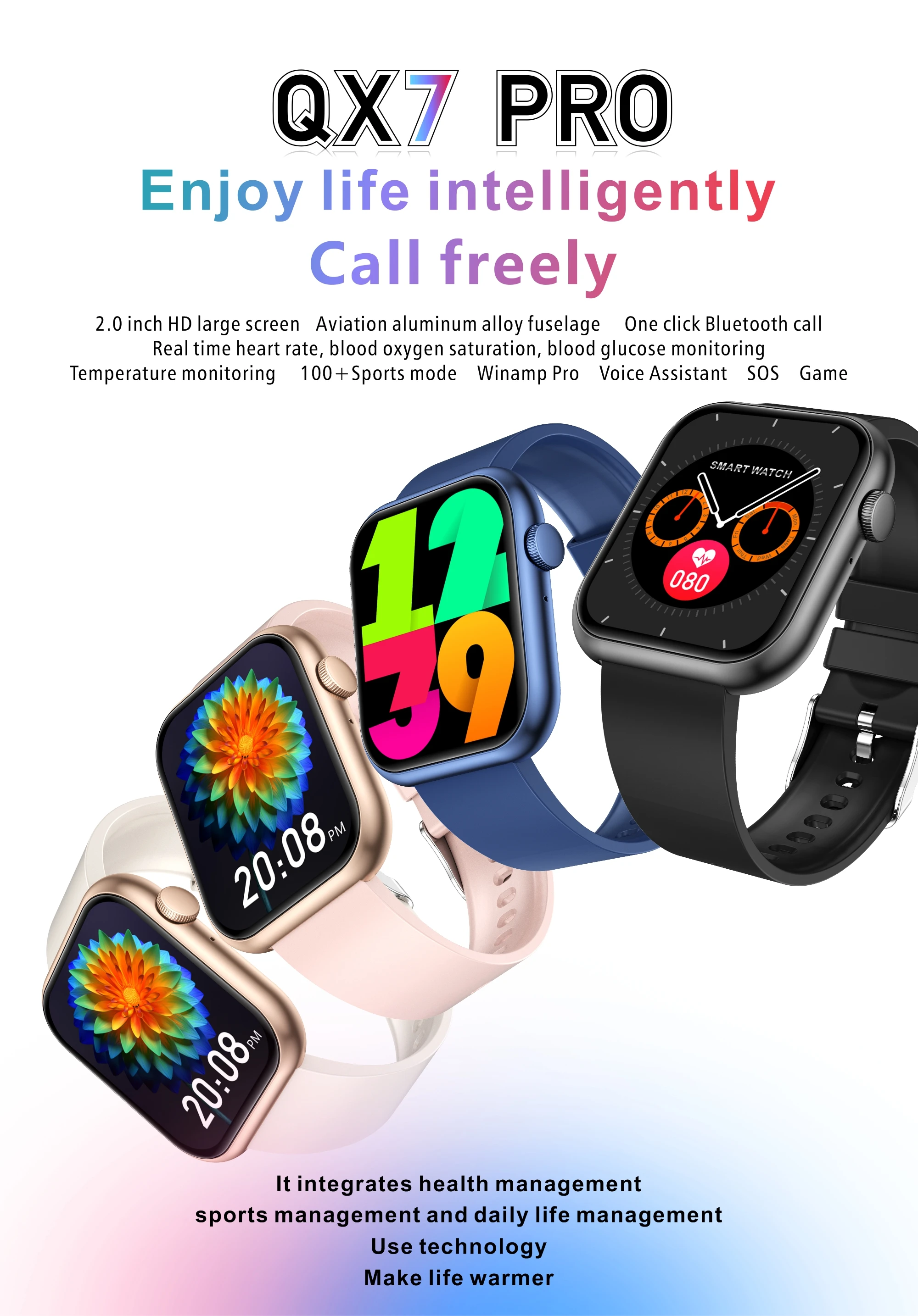 Blood Glucose Smart Watch Qx7 Pro Bt Call Ai Voice Men Heart Rate Blood ...