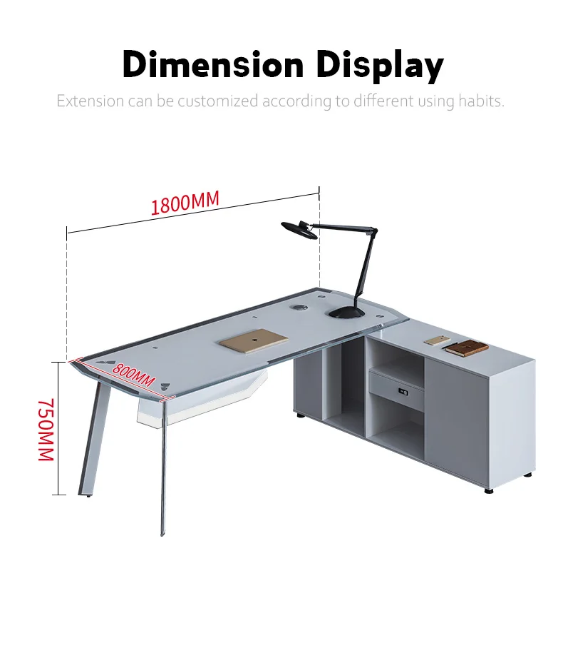 L Shape Executive Office Desk Tempered Glass Top Office Desk Modern ...