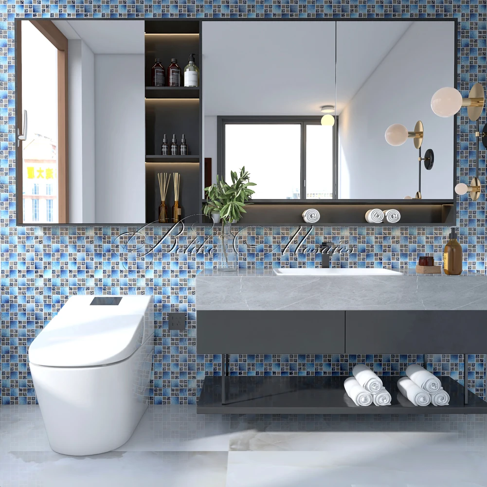 Blue Gradient Tactile Relief Glass Mosaic Wall Tile Elegant Ambience ...