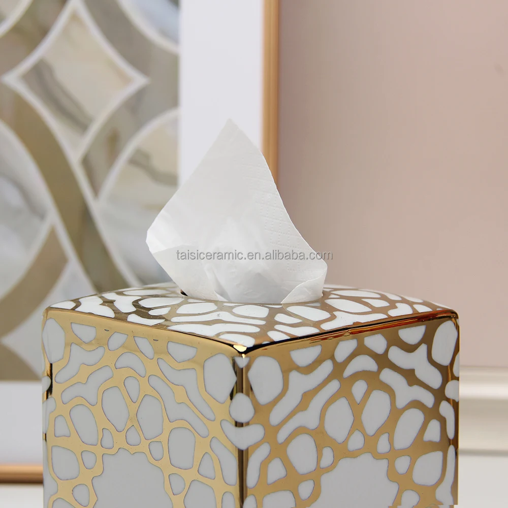 T021 Ceramic Gold Hotel Tissue Box Home Decor Square Gold Tissue Box ...