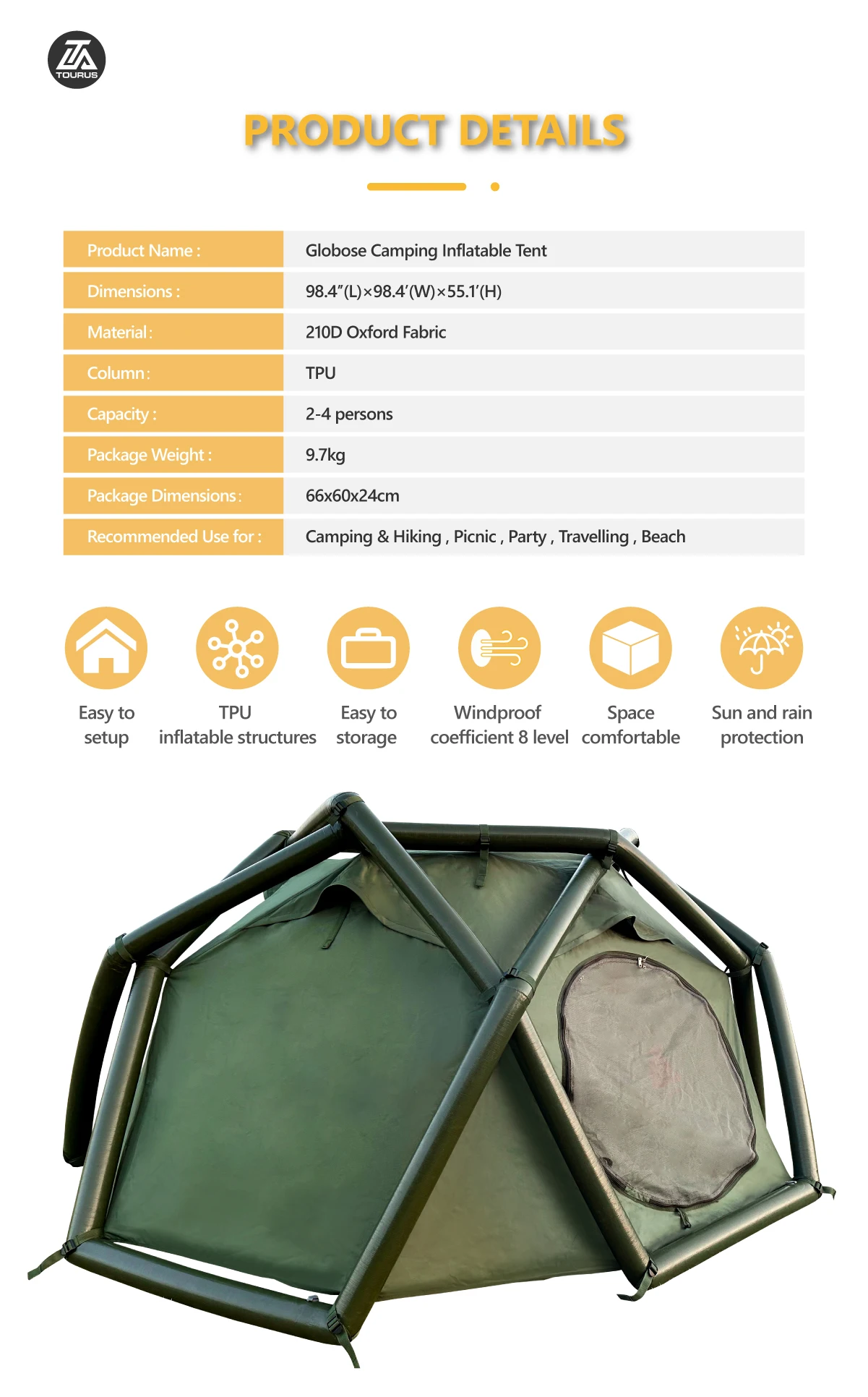 Tourus Quick Assembly Portable Inflatable Air Tube Frame Camping Tent ...