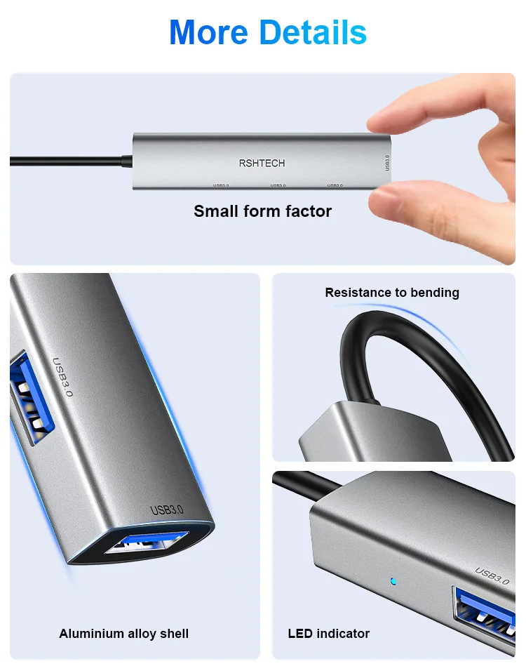 RSHTECH USB 3.0 4 IN 1 HUB - 5gbps High Speed Data Transfer