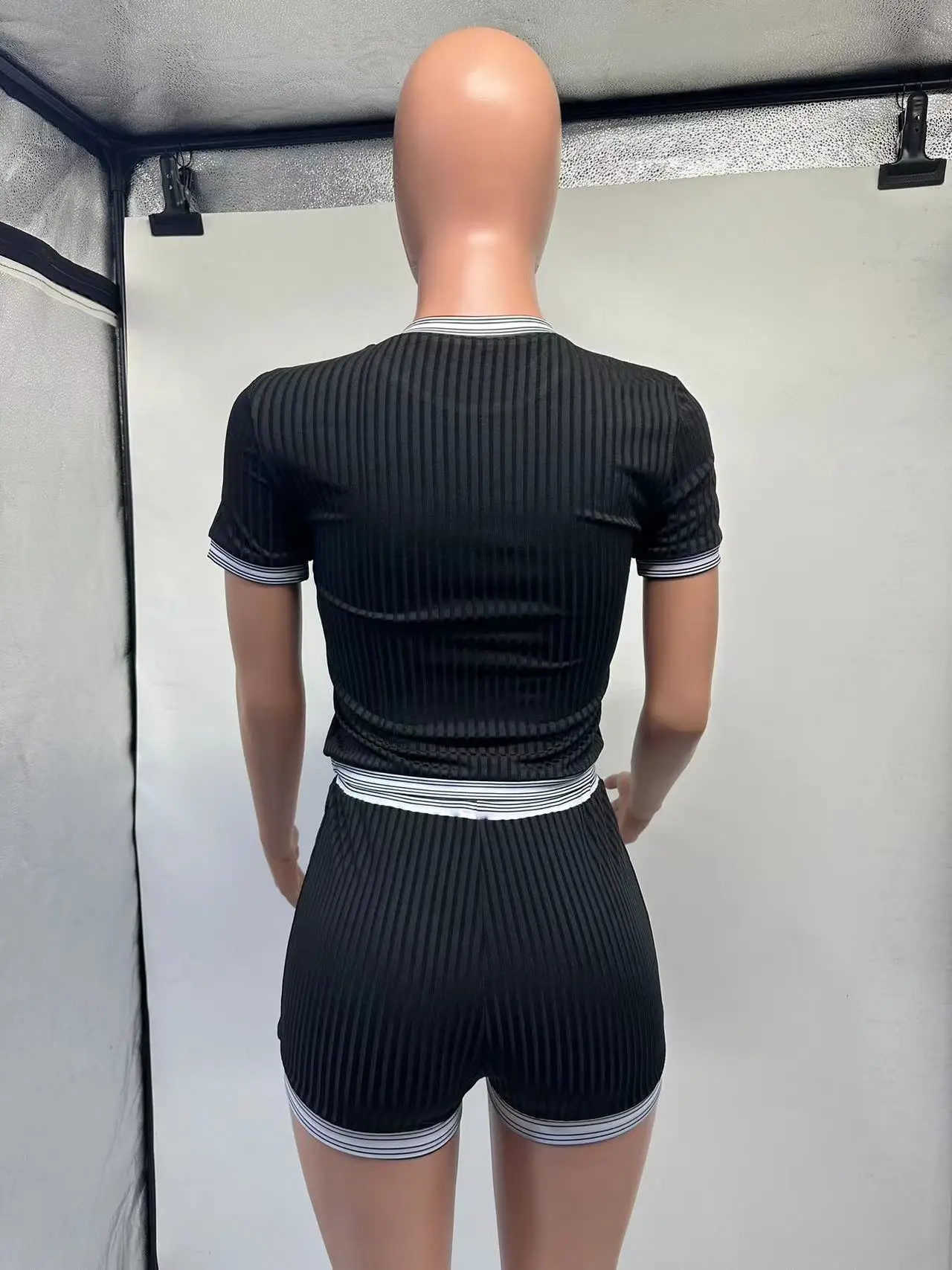 C1085 Fashion Casual Knitting High Elastic Printed Short Sleeve 2-piece ...