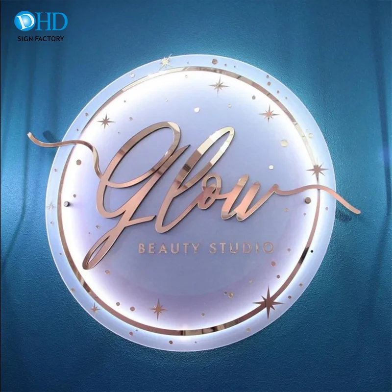 Custom Acrylic Business Sign with LED Backlit Gold Logo