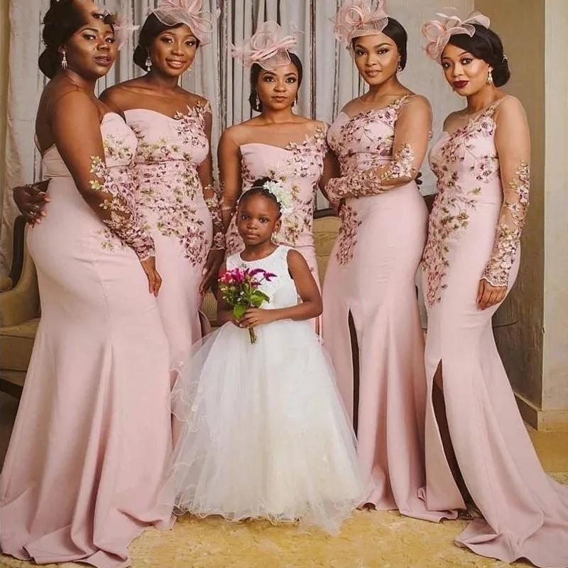 Black Mermaid Bridesmaid Dress With Long Sleeves And Side Split Appliques