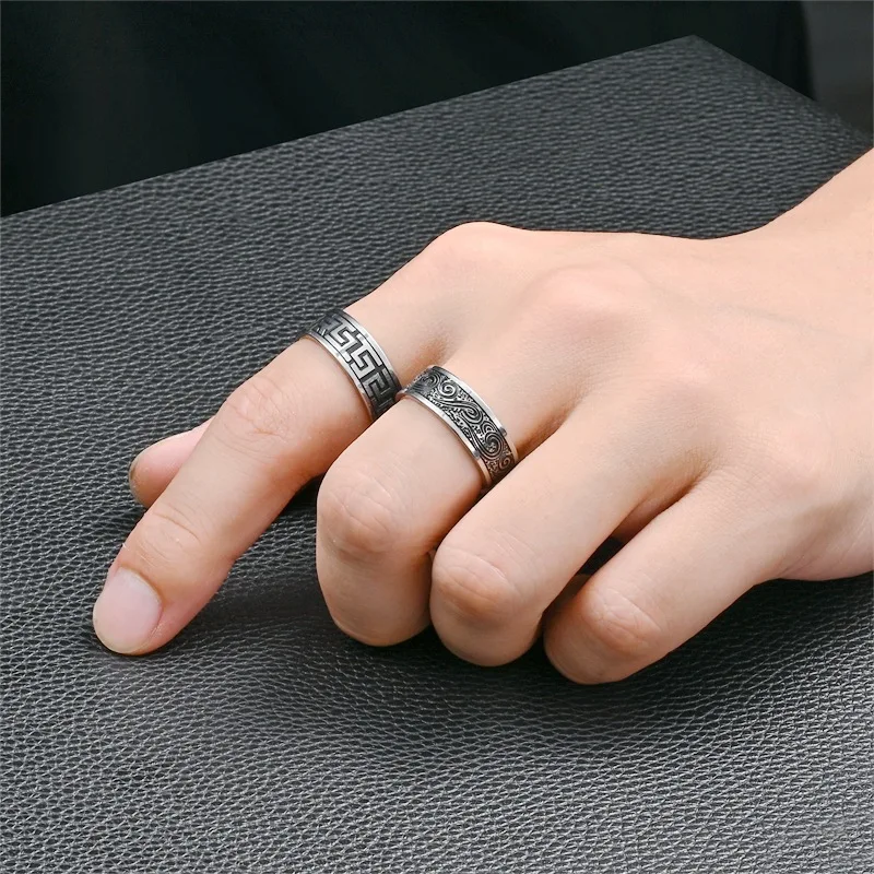 Stainless Steel Carved Sea Wave Great Wall Pattern Rings Punk Hip Hop Signet Band Rings For Men ...