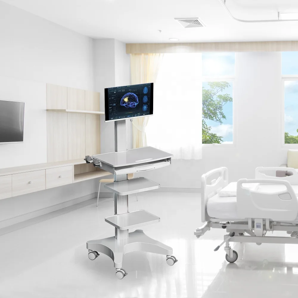 Medical Trolley With Monitor Mount Keyboard Tray Double Trays Mobile ...