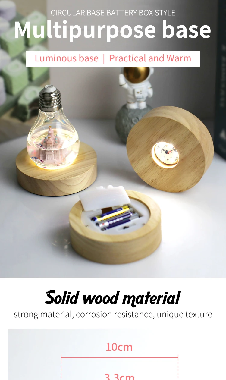 Round Solid Wood Base Battery Box Luminous Base Led Warm White Desktop ...