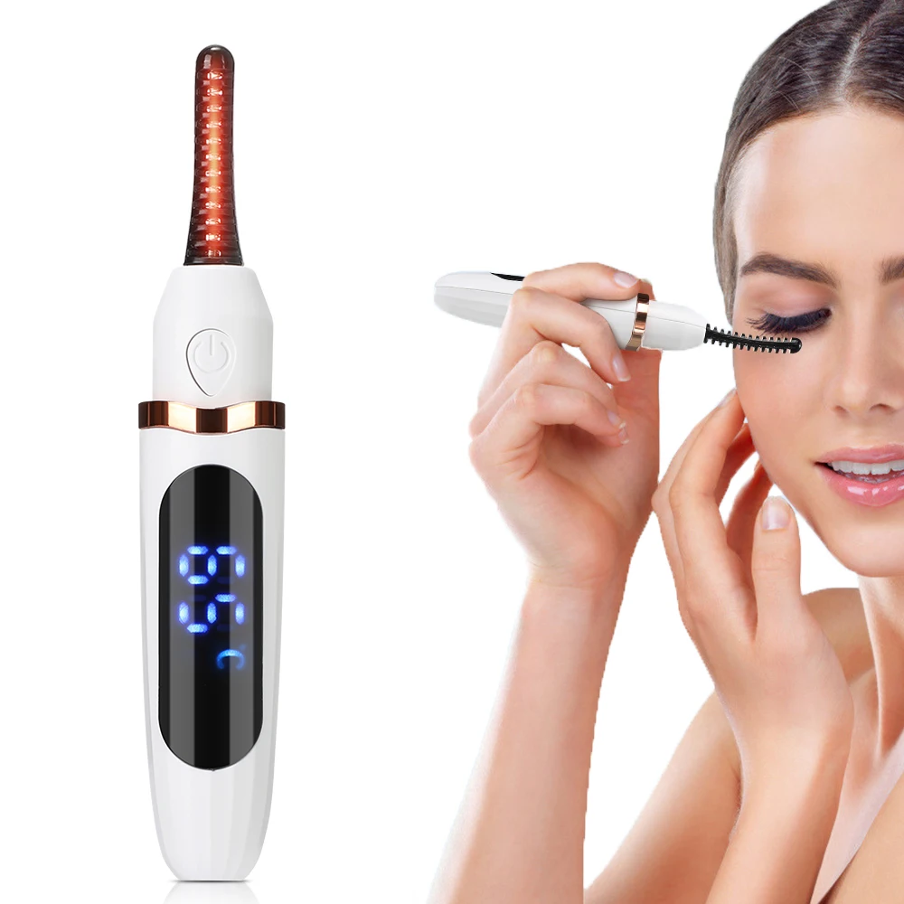 Custom Logo White Pink Heated Lash Lift Tool Led Display Rechargeable Electric Eyelash Curler ...