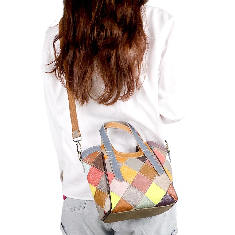 AndoBag Genuine Leather Top Handle Bags, Color Stitching Plaid ...