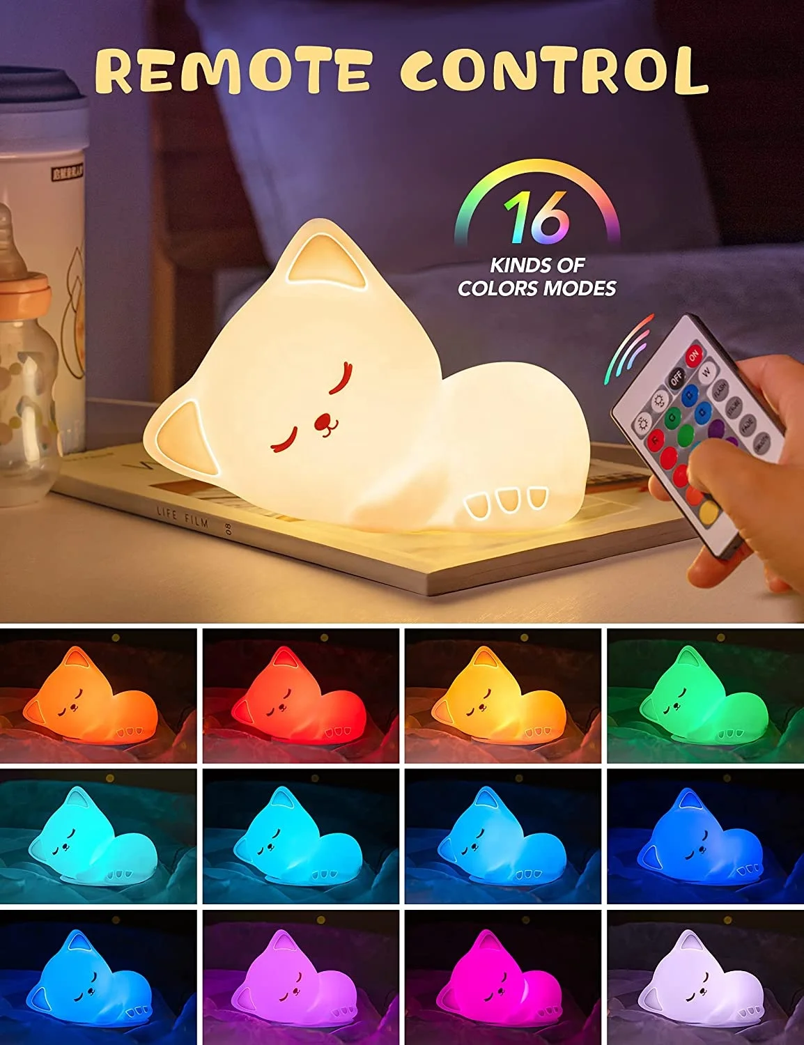 Cute Kitty Night Light With Remote Control Rechargeable Nursery Animal ...