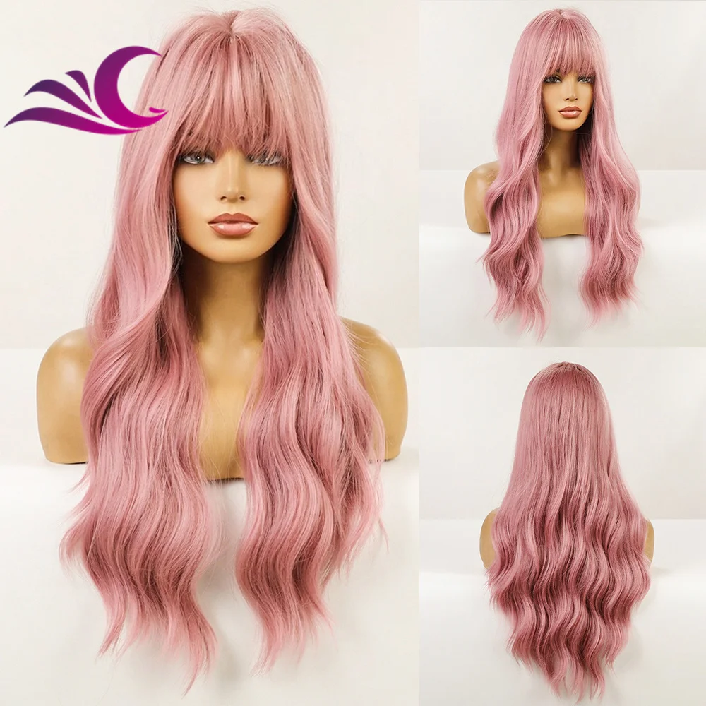 Pink Color Glueless Wig Bangs Wig False Scalp Long Curl Heat Resistant ...