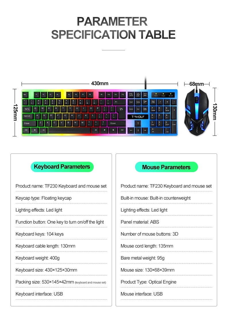 Original Factory TF230 USB Backlit LED 104 Keyboard RGB LED Light ...