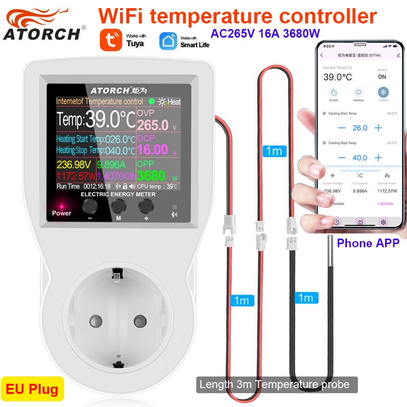 S1 16A AC220V Tuya WIFI Digital Thermostat Socket Incubator Temperature ...