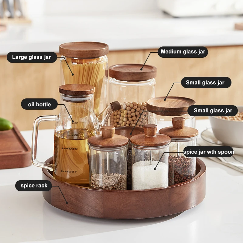 Thread Type Borosilicate Glass Storage Jars With Airtight Acacia Wooden ...