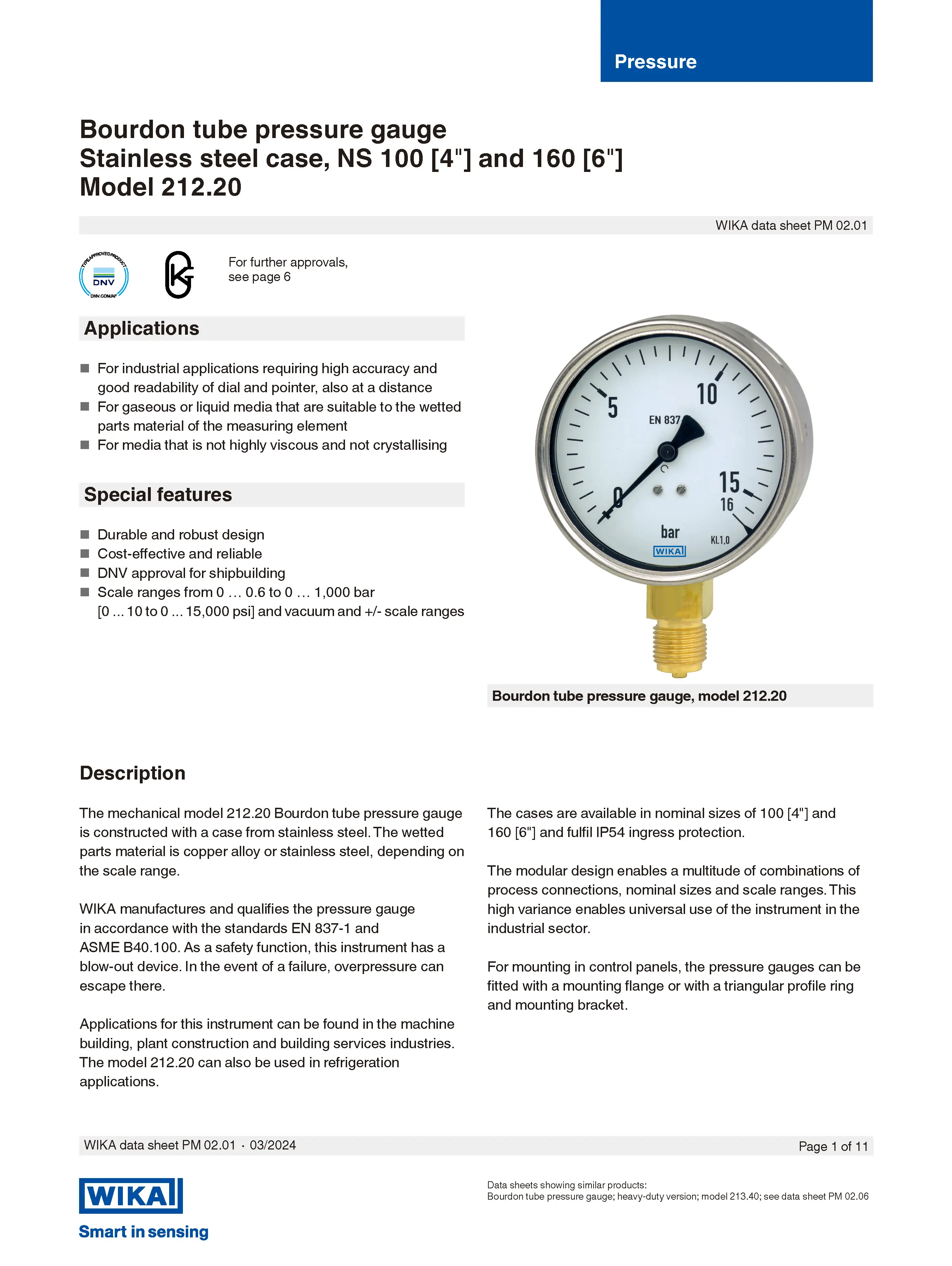 Wika Pressure Gauge Compliant with EN 837-1 Standard Model 212.20.100 ...
