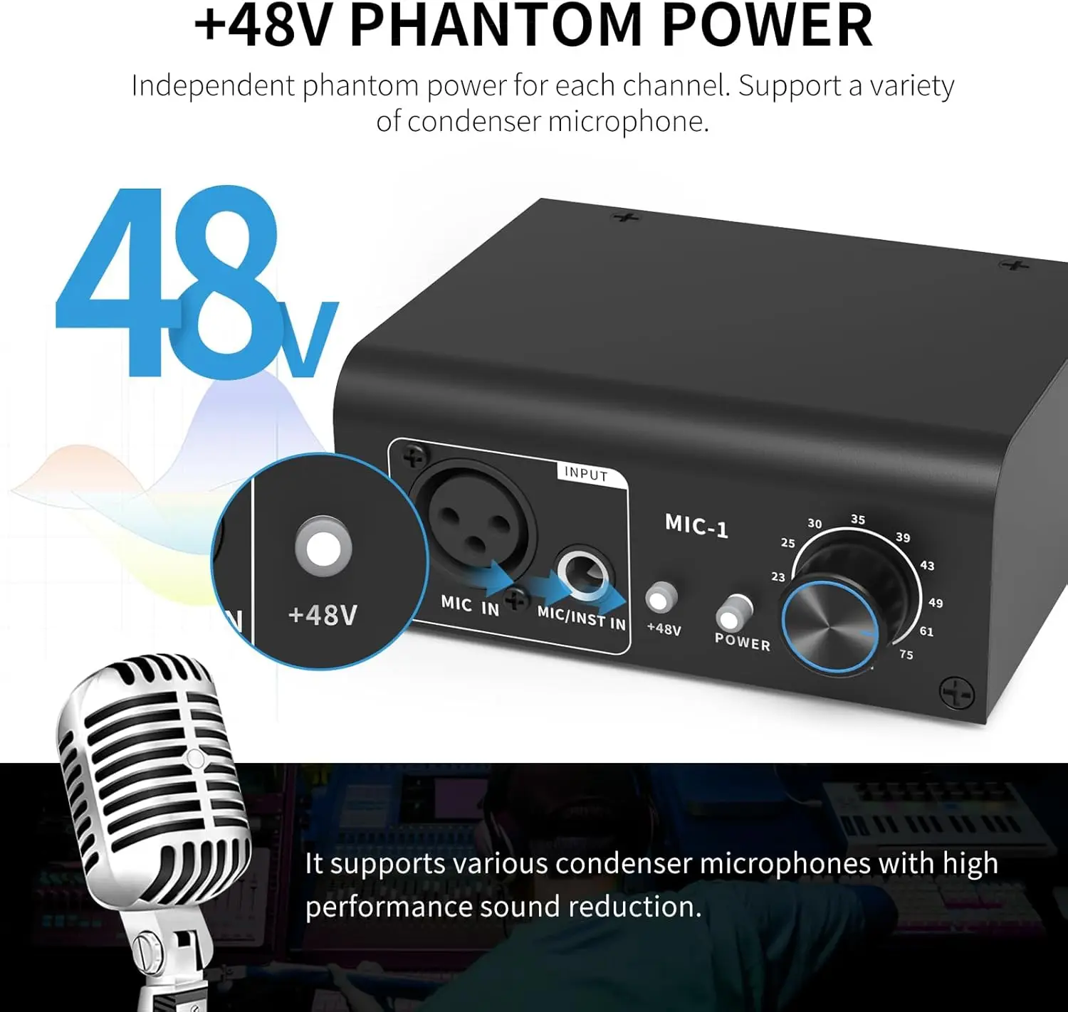 XTUGA XIC1 Wireless Microphone Preamp 48V XLR Output Booster with 2 ...