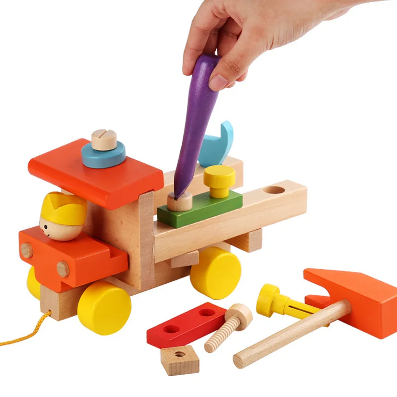Wooden Nut Cable Car Toy Early Education Toy Colorful Screw Car Knock ...