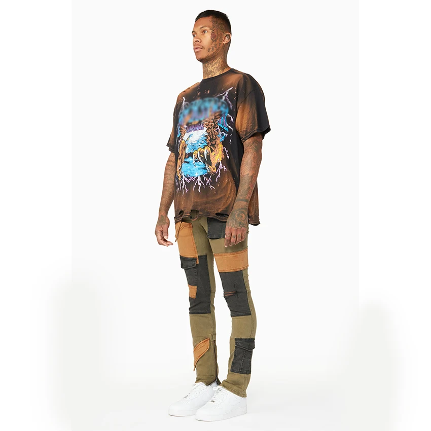 Custom Men Stack Stacked Ripped Flared Denim Cargo Jeans Multi Pockets ...