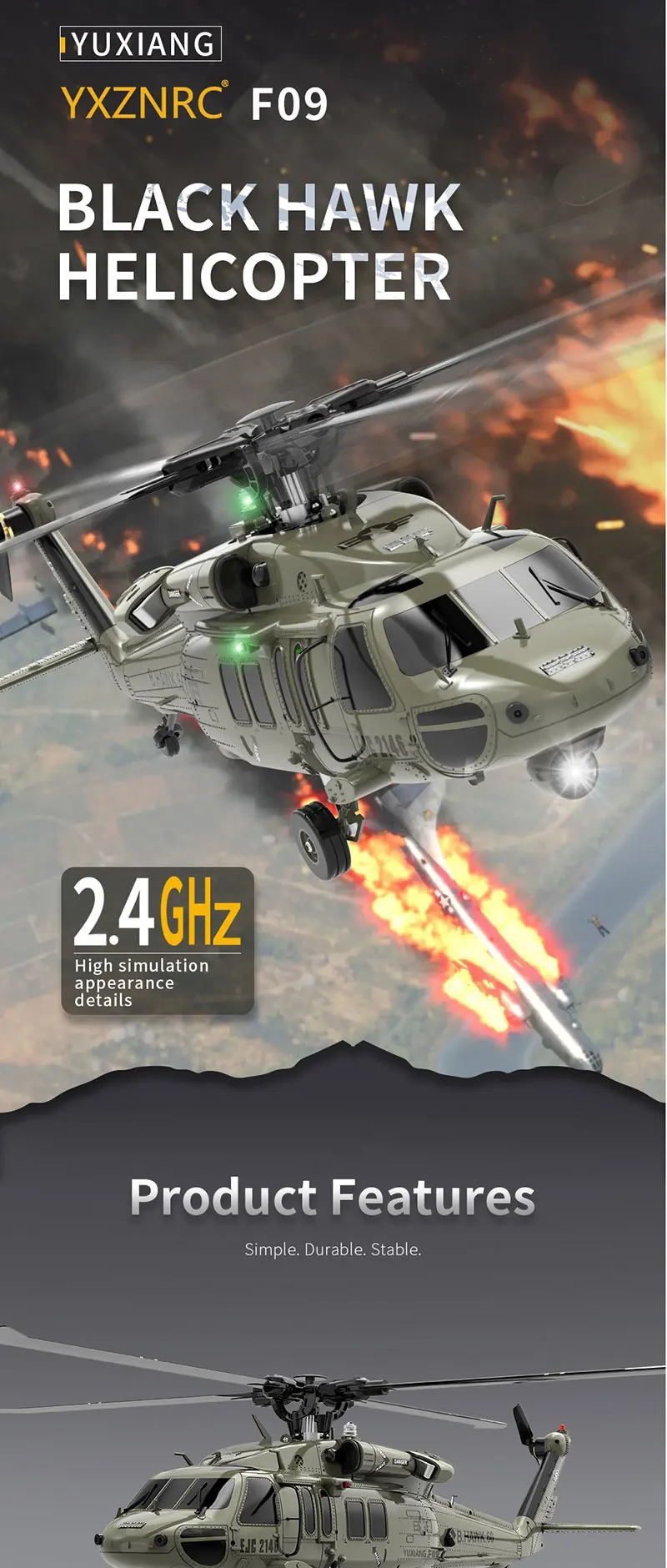 F09 RC Helicopter UH60-Black Hawk 1:47 Scale, 6 Channels Remote Control ...