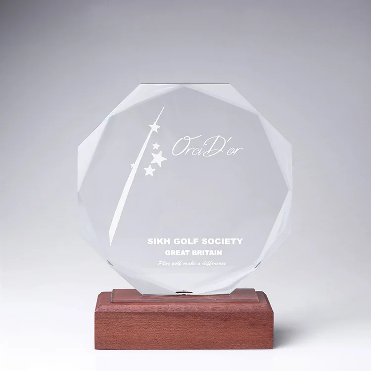 Blank Octagon Plaque Crystal Trophy Award with Wooden Base
