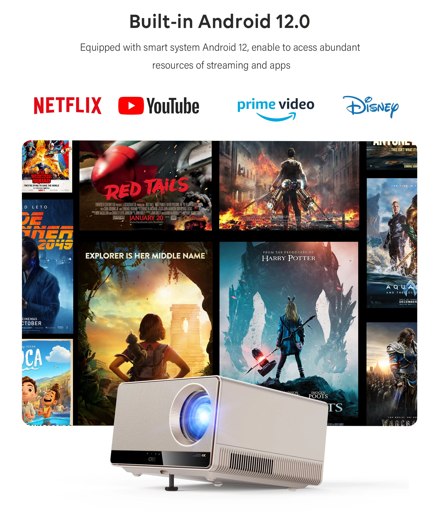 CRE U1 3840*2060P 4k 800 Ansi Lumen Projector - Smart Home Cinema