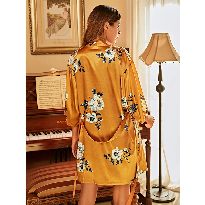 Ins Yellow Nightdress Sets 2 Pieces Floral Satin Silk Womens Robe