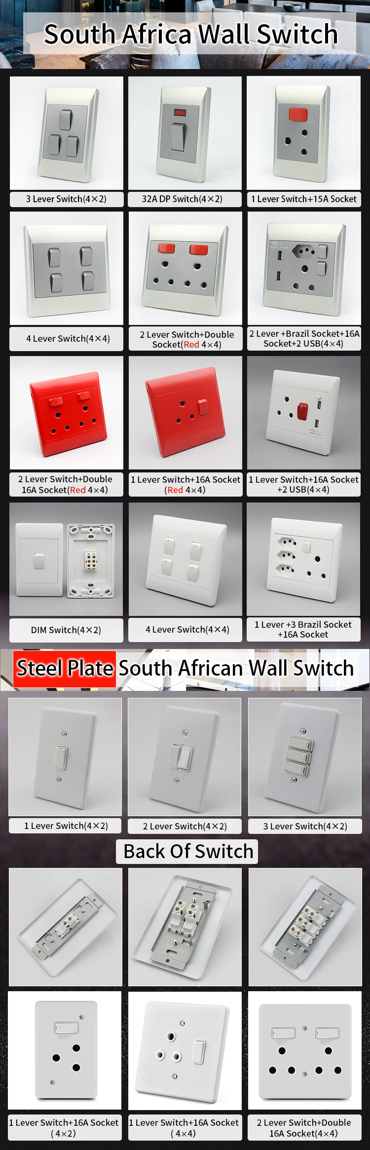 South Africa Saso Certificate Switch Socket 2 Gang Double 3 Pin 16a ...