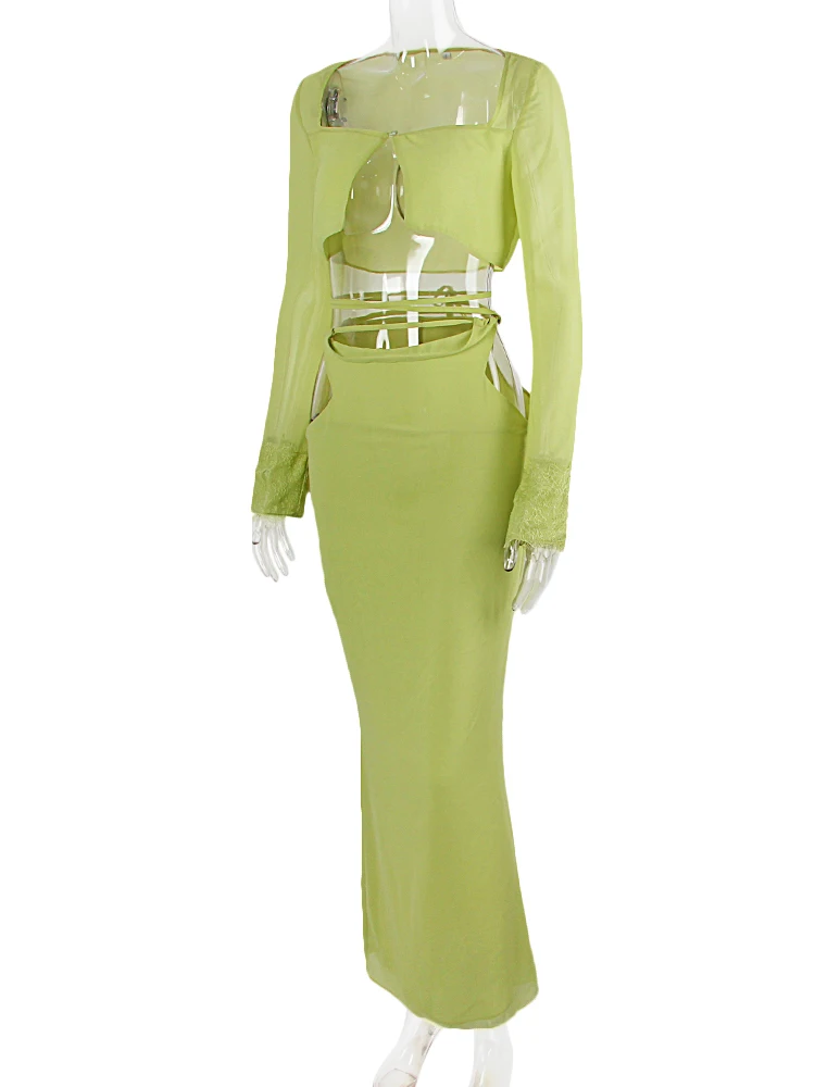 Sexy Chiffon See Through Square Neck Slit Long Sleeve Drawstring Ruched ...