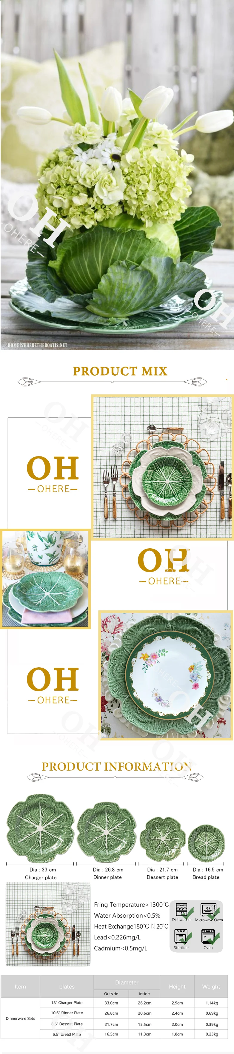 Green Cabbage Fine Porcelain Dinnerware Set for Weddings