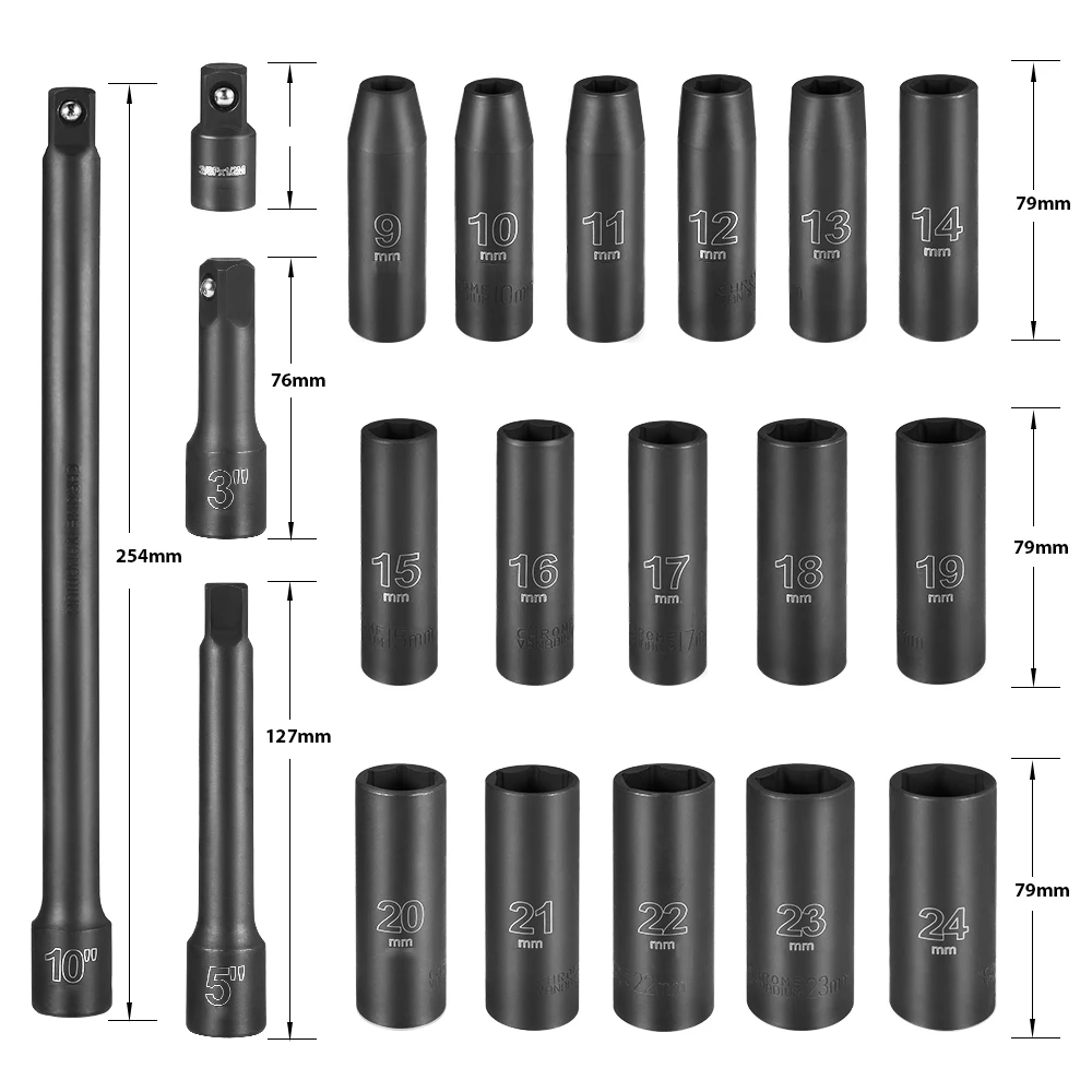 20PCS 1/2-Inch Drive Metric Deep Cr-V Impact Wrench Torque Socket Set ...