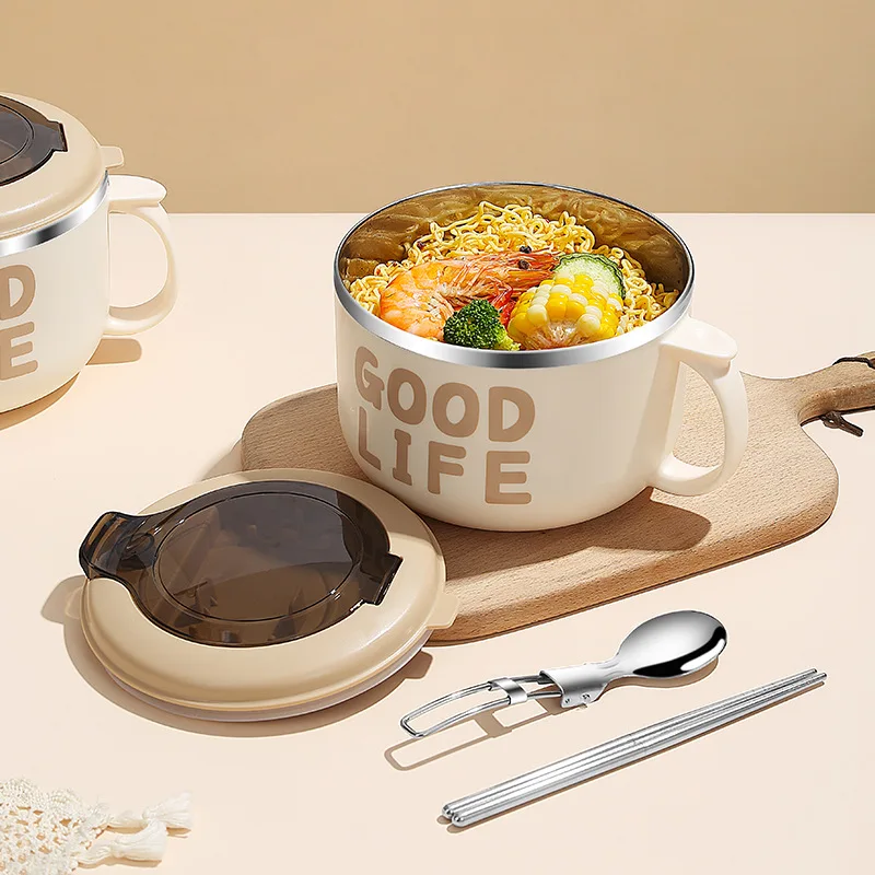 Hot Sale Student Instant Noodle Bowl 304 Stainless Steel With Lid Cute Water Filter Special Anti ...