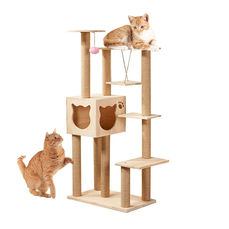 Modern Cat Tree Tower Wooden Cat Climbing Frame Sisal Rope Cat Condo ...