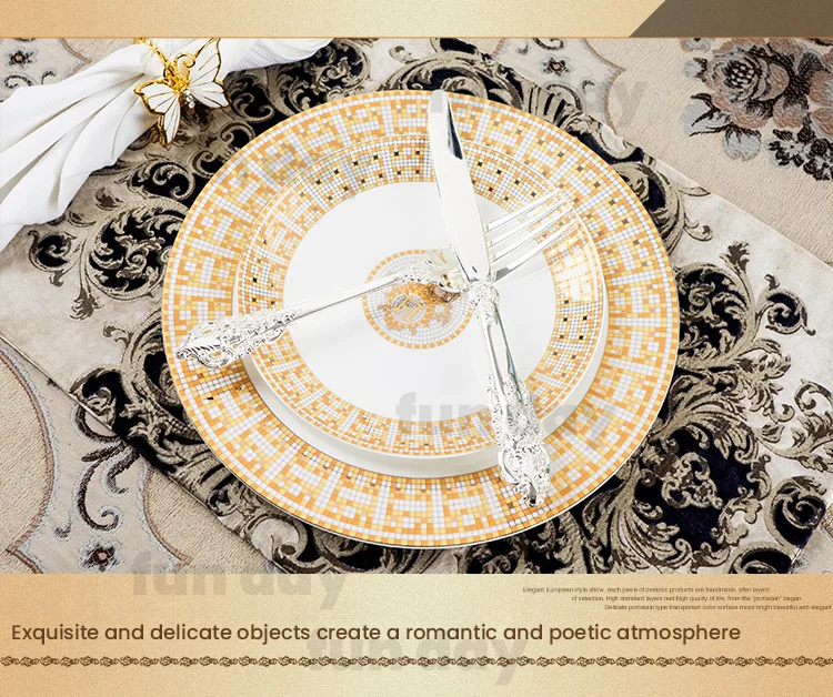 Luxury Gold and White Checkered Tableware Overglaze Color Dinner Plate ...