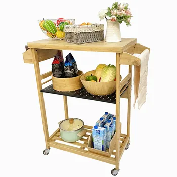Gourmaid Bamboo Kitchen Island Trolley Cart Serving Utility Rolling ...