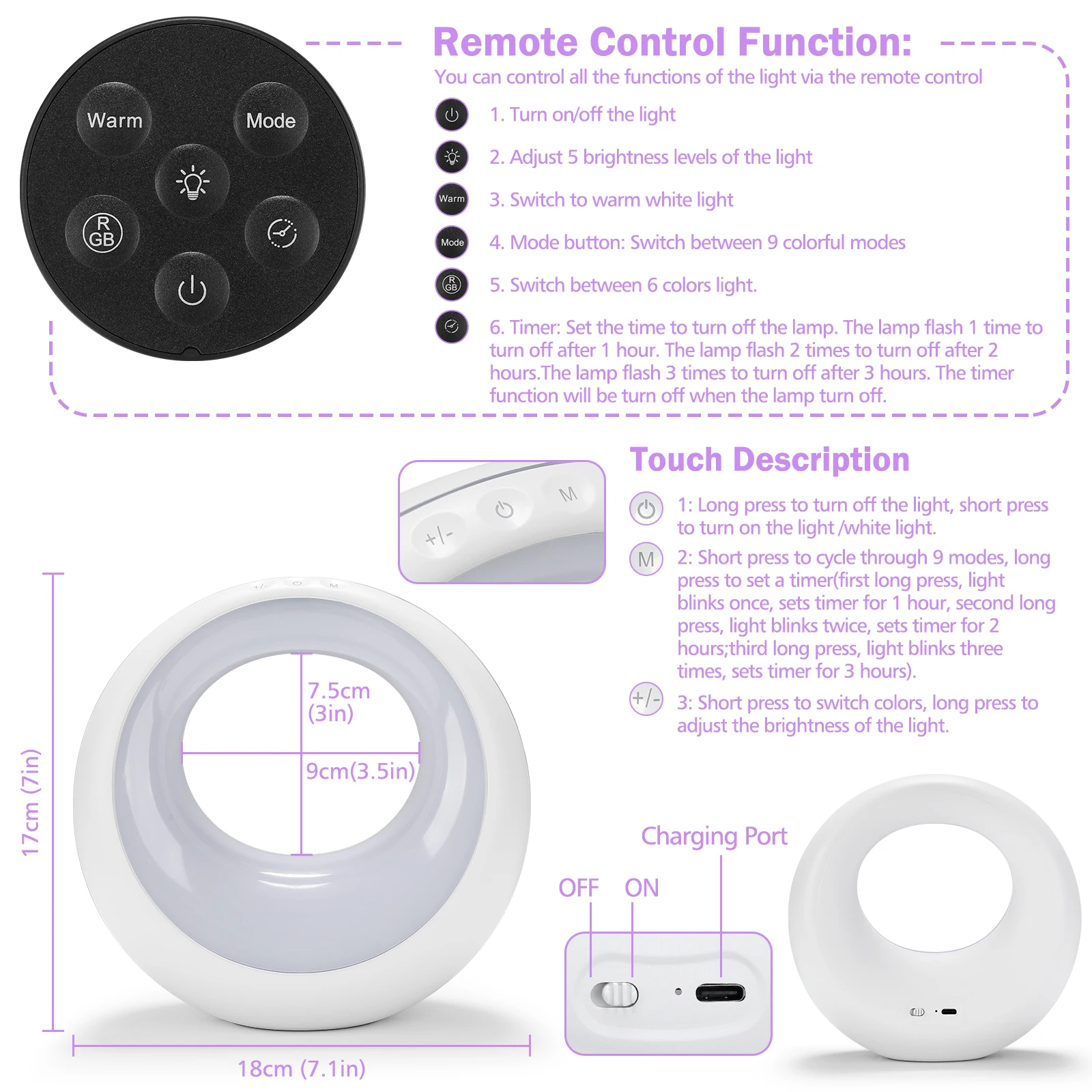 Modern RGB Table Lamp LED Night Light Touch Rechargeable Color Changing ...