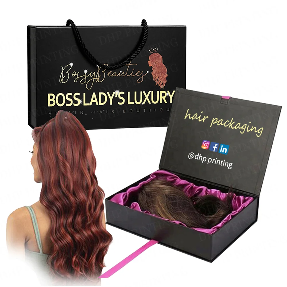 Custom Best Size Biodgradable Wig Hair Bundles Extension Packaging Gold ...