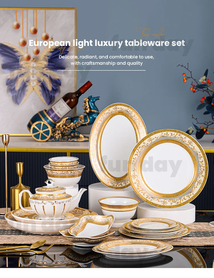 European Style Hotel Restaurant Top Grade Dinner Ware Luxury Gold Rim ...