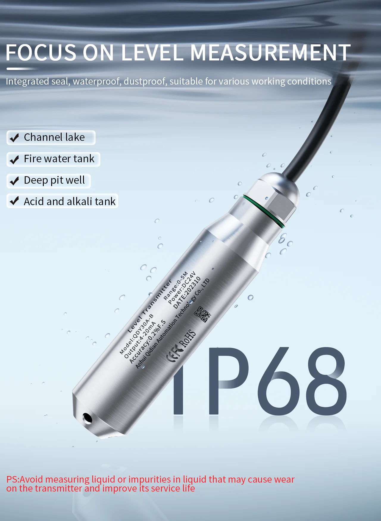 Tank Water Level Sensor 24v 0-10m Integrate Level Transmitter 4 20ma 0 ...