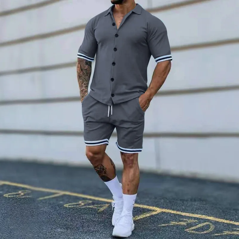 Summer Mens Track Suit Sets Custom Logo Solid Color Mens Button Short